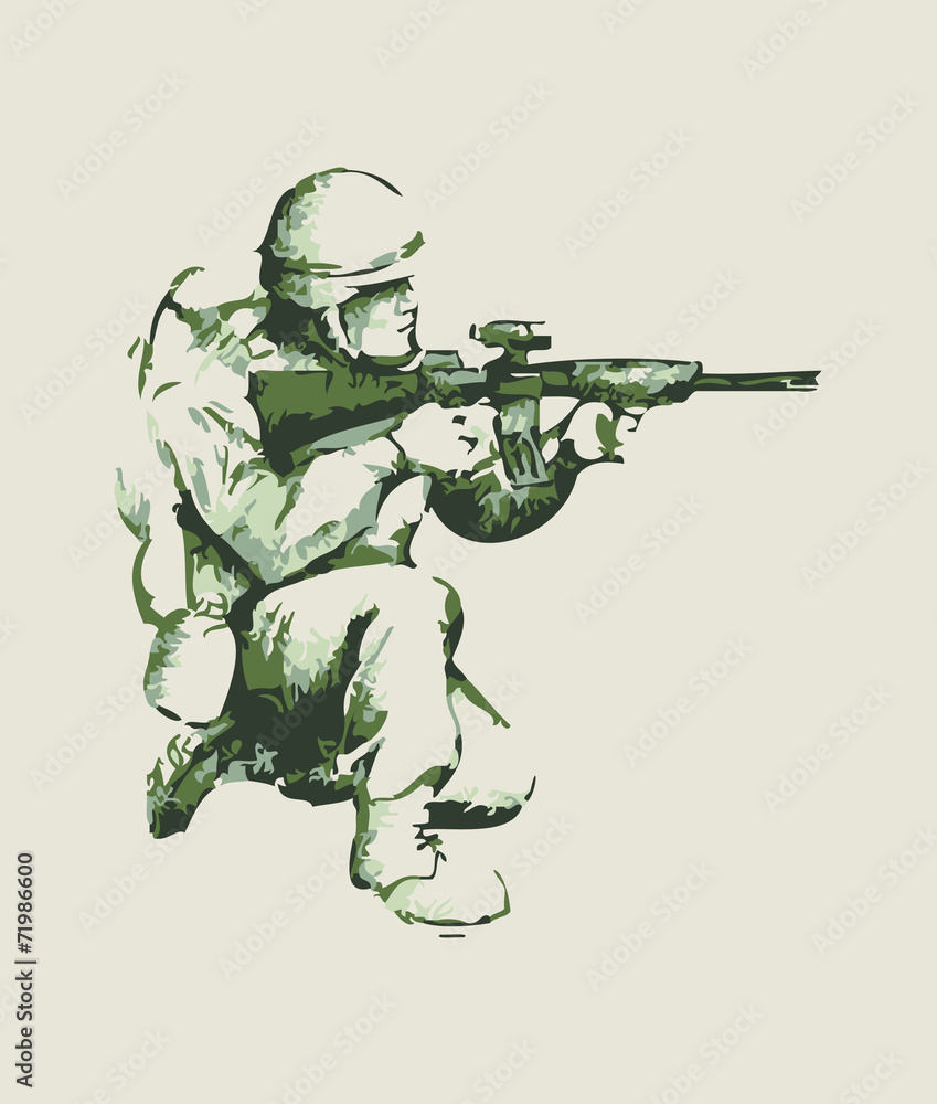 Abstract illustration of a soldier kneel down aiming a weapon Stock ...