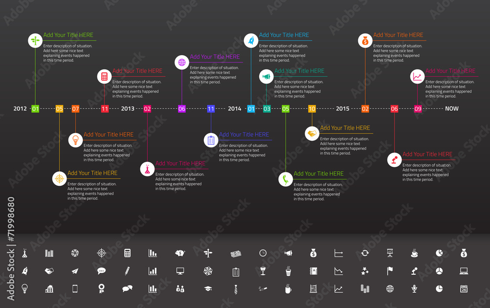 Modern flat timeline with rainbow milestones on dark background Stock ...