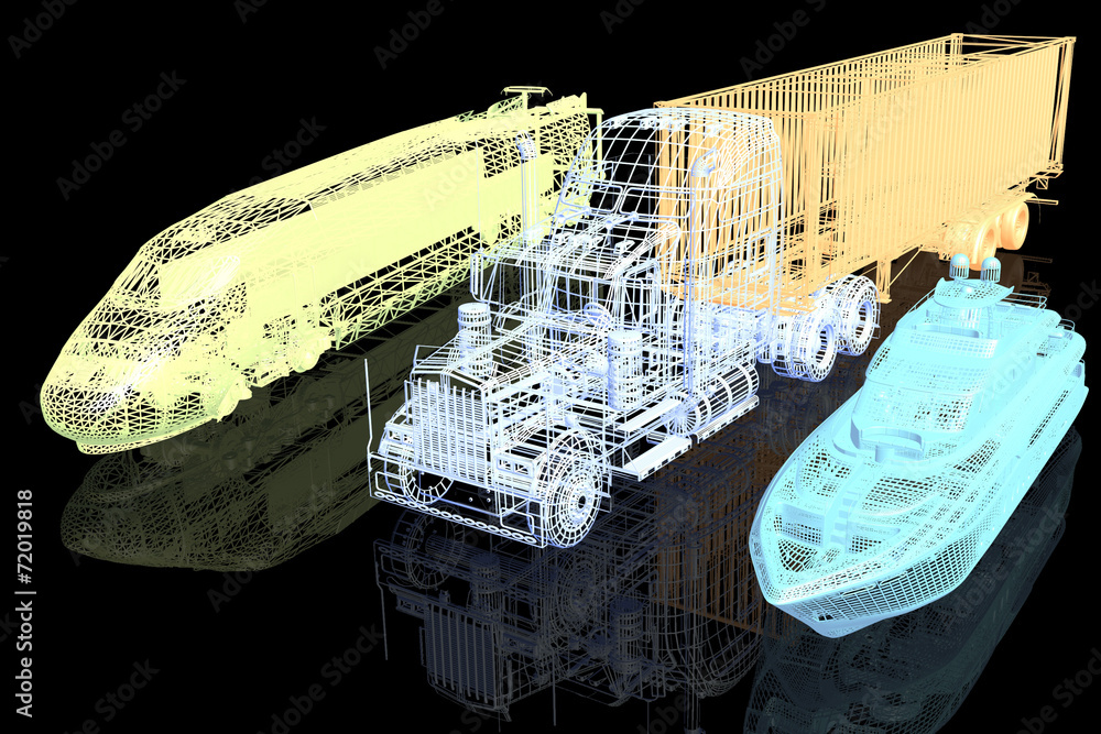 Types of transport. 3d model on black background Stock Illustration ...