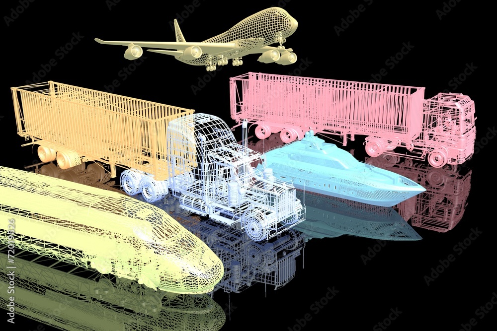 Types of transport. 3d model on black background Stock Illustration ...