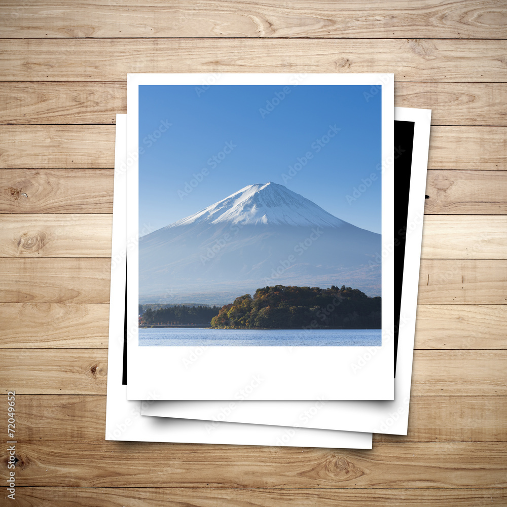 Mt. Fuji Japan memory on photo frame brown wood plank background Stock ...