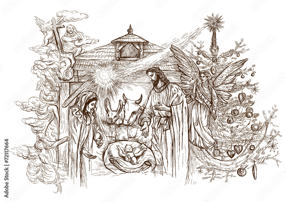 Nativity Scene - Full sized hand drawn illustration Stock Illustration ...