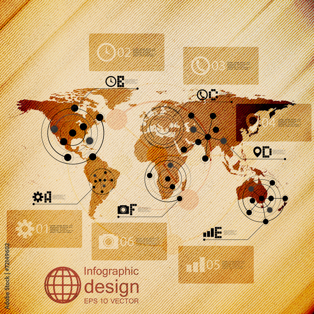 World map, infographic design illustration, wooden background Stock ...