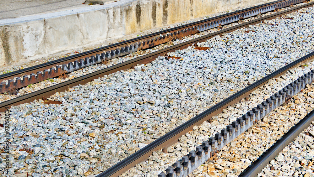Rack railway railroad tracks in Vall de Nuria, Spain Stock Photo ...