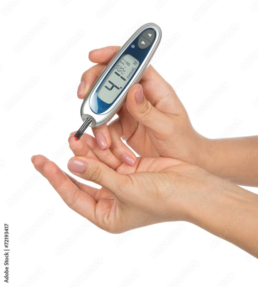 Diabetes patient measuring glucose level blood test Stock Photo | Adobe ...