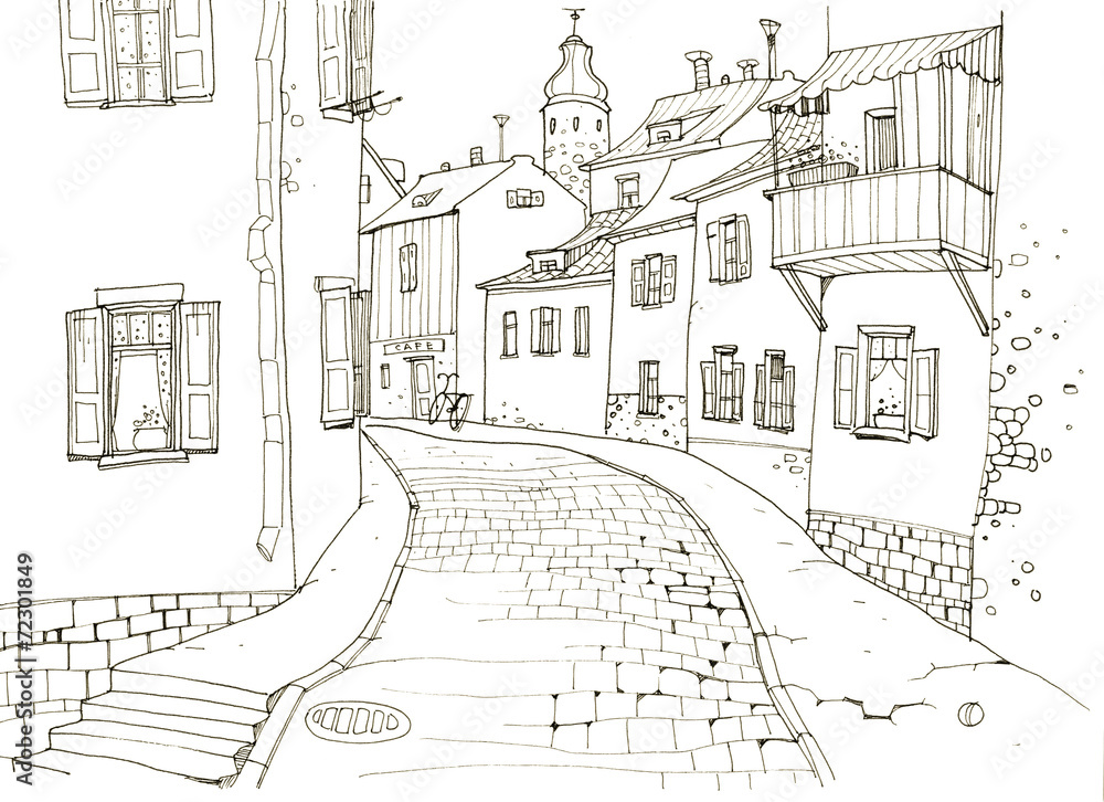 Outline drawing marker depicting European street Stock Illustration ...