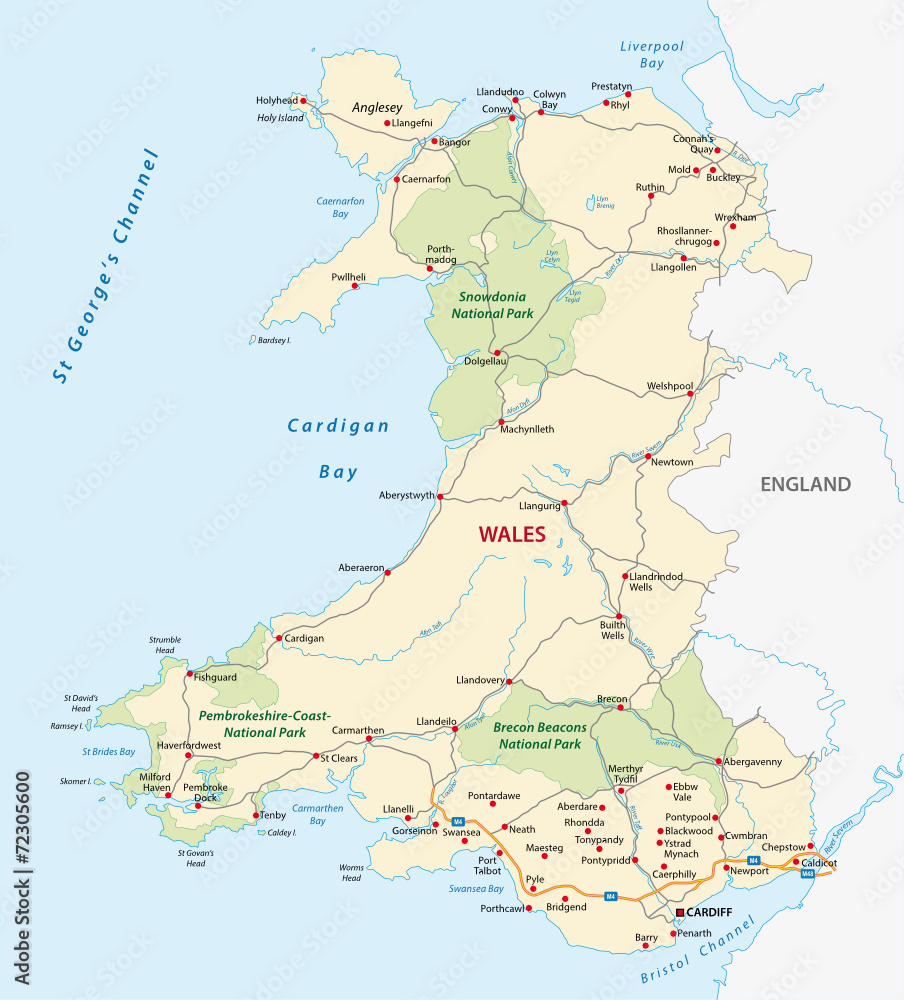 wales road and national park map Stock Vector | Adobe Stock