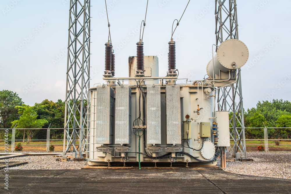 Transformer station and the high voltage electric pole Stock Photo ...