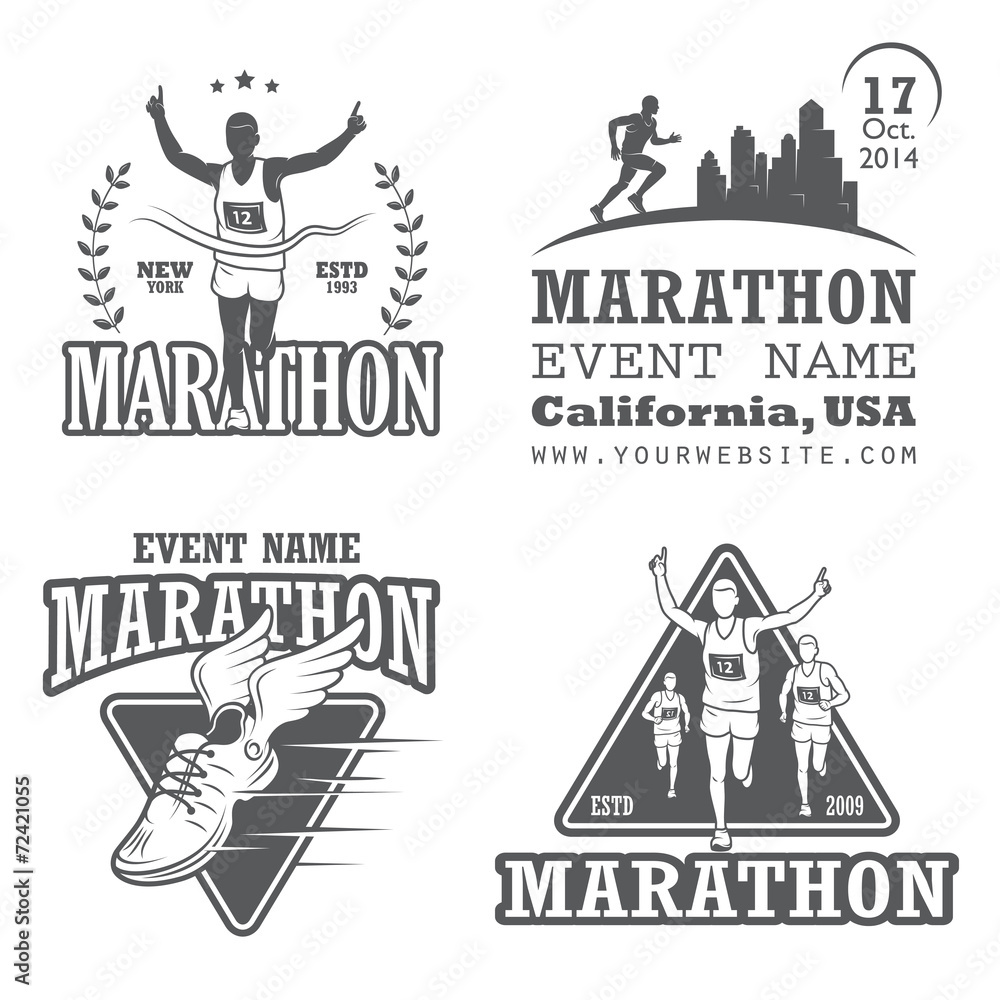 Vetor de Set of running marathon and jogging emblems, labels and badges ...