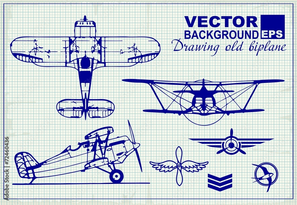 Vintage airplanes drawing on graph paper and design elements Stock ...