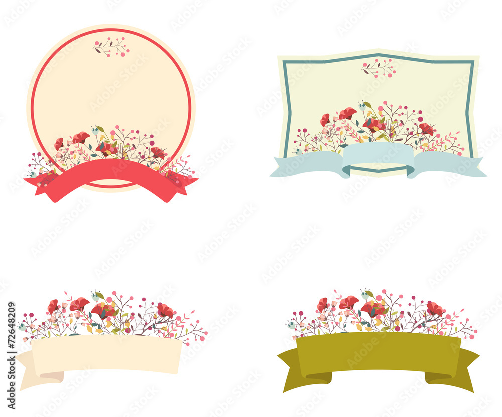 Retro floral frame and ribbon set Stock Vector | Adobe Stock