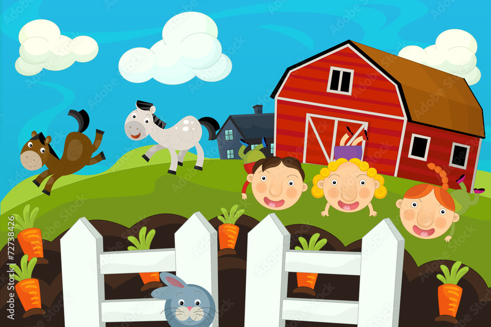 Cartoon happy and funny farm scene with horses and kids having fun ...