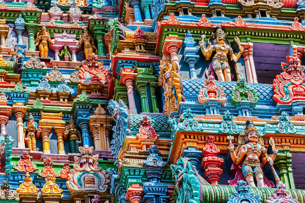 Sculptures on Hindu temple tower Stock Photo | Adobe Stock