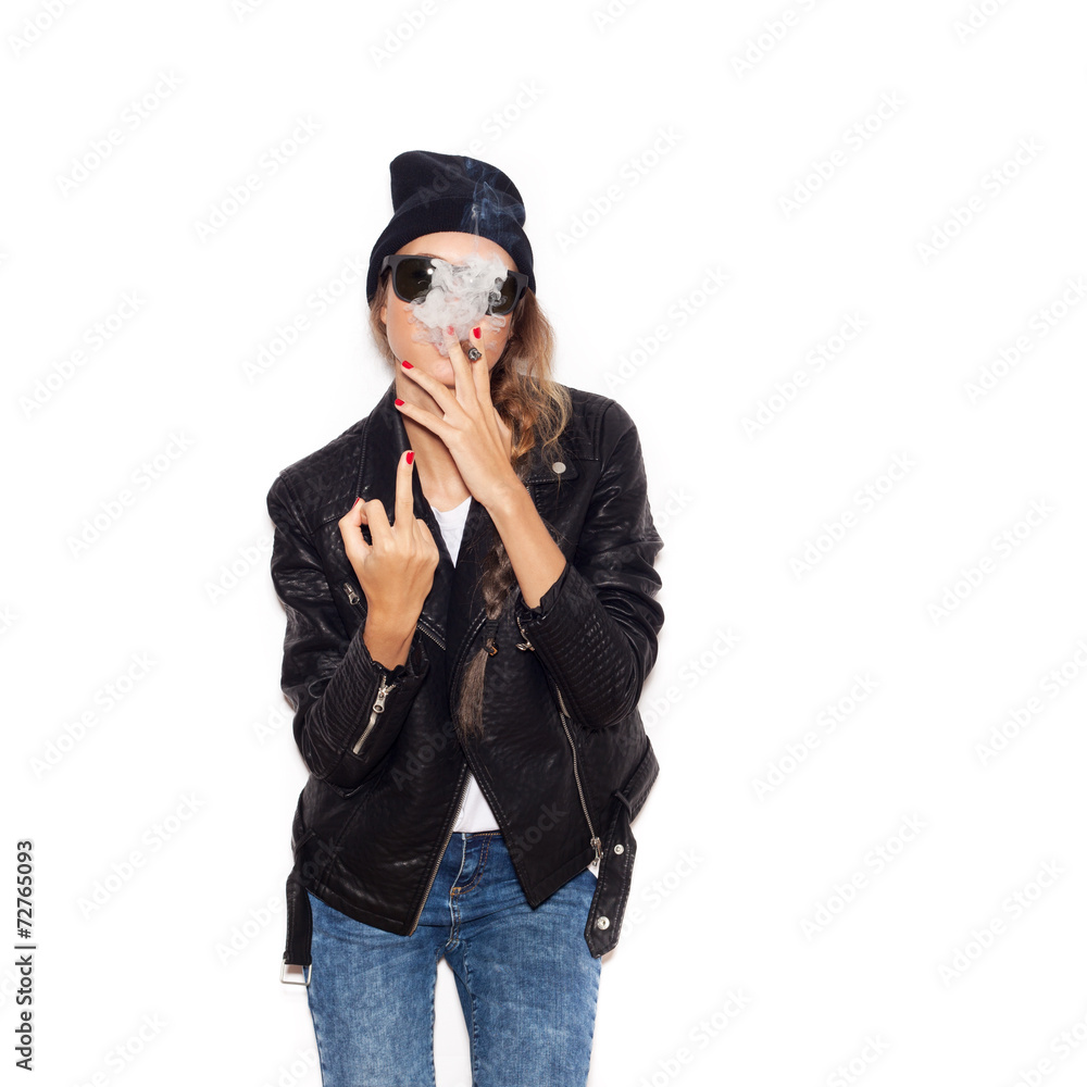 Hipster girl showing middle finger over white Stock Photo | Adobe Stock