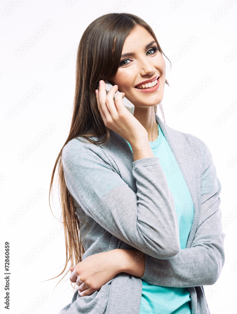 Woman phone talking portrait. White background isolated. Stock Photo ...