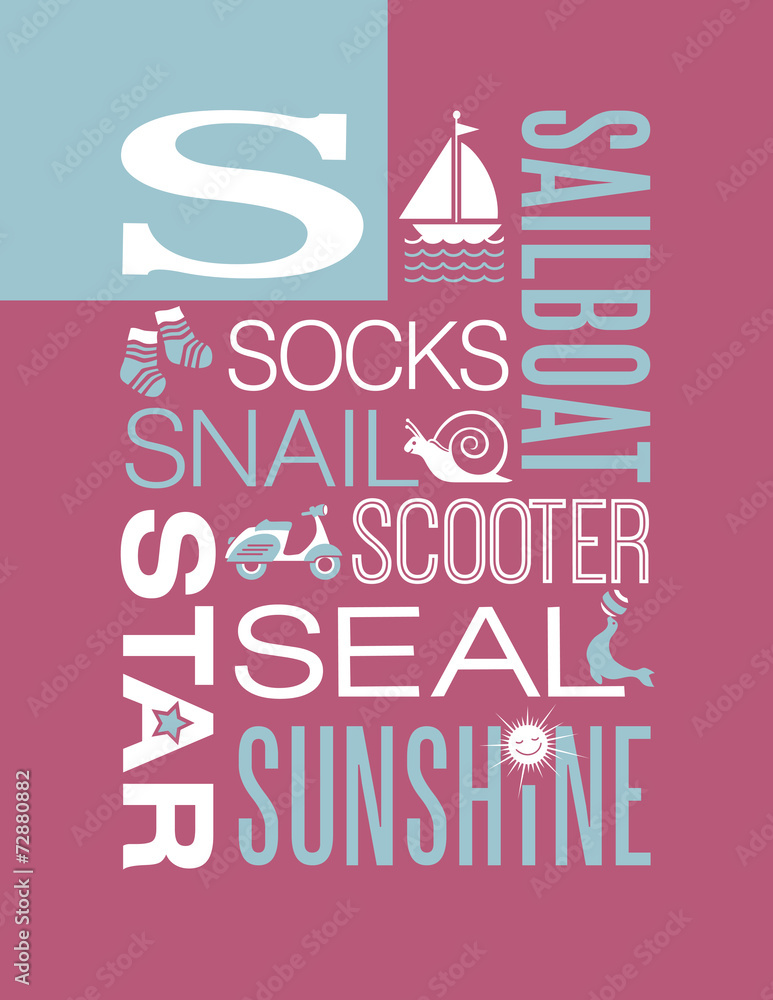 Letter S words typography illustration alphabet poster design Stock ...