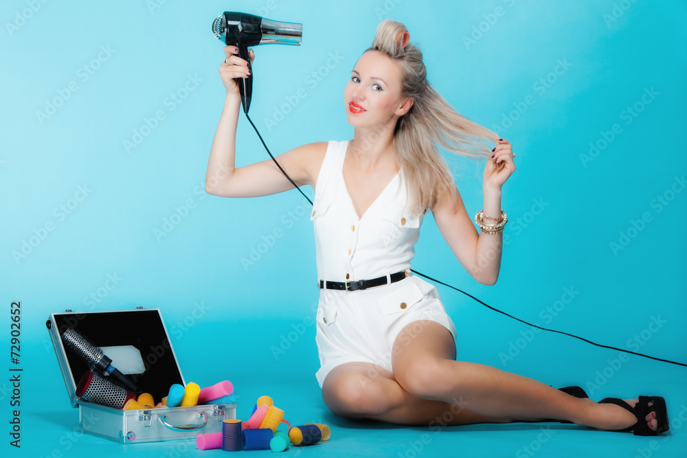 Sexy Girl Retro Style In Curlers With Hairdryer Styling Hair Stock