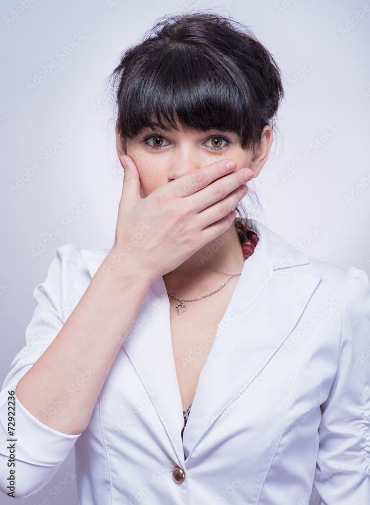 portrait of beautiful shy female stylish woman covering her face Stock ...