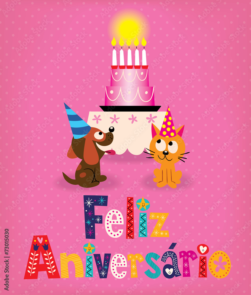 Feliz Aniversario Brazilian Portuguese Happy Birthday retro card Stock ...