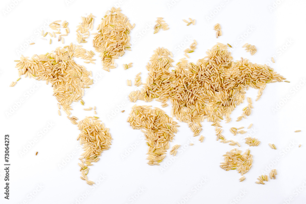 map of the world made of raw natural rice on white background Stock ...