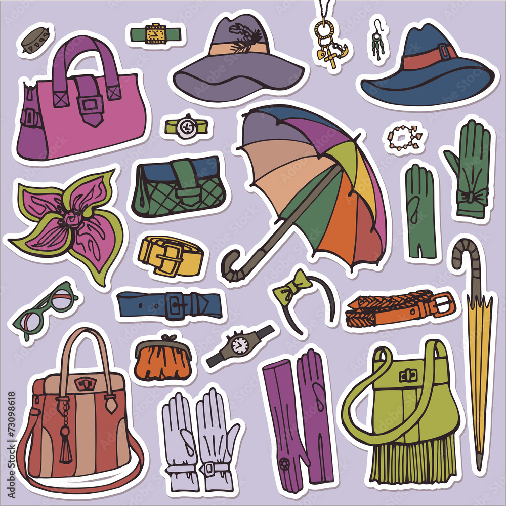 Fashion Female Accessories Set.Hand drowing Sketch.Sticker Stock ...