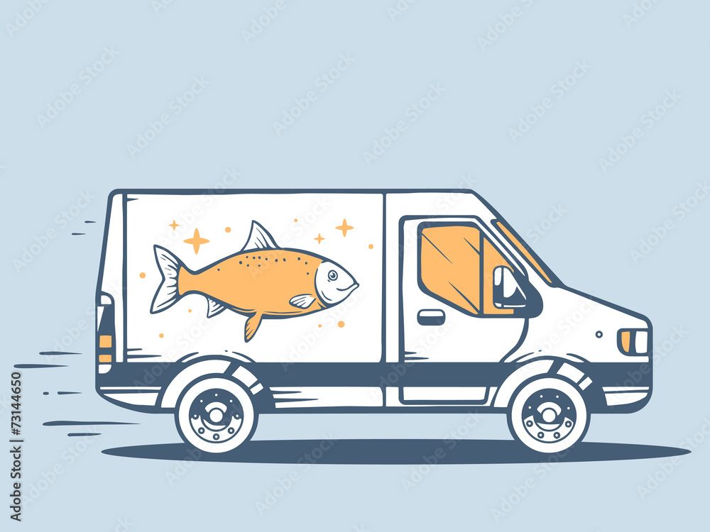Vector illustration of van free and fast delivering fish to cust Stock ...