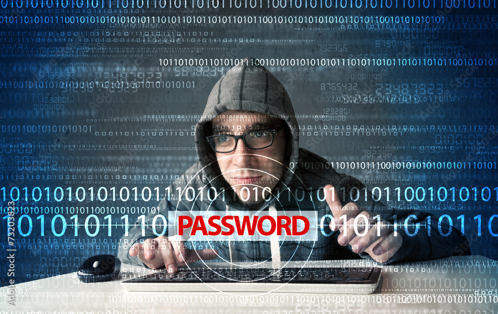 Young geek hacker stealing password Stock-Foto | Adobe Stock Young geek hacker stealing password Stock-Foto | Adobe Stock