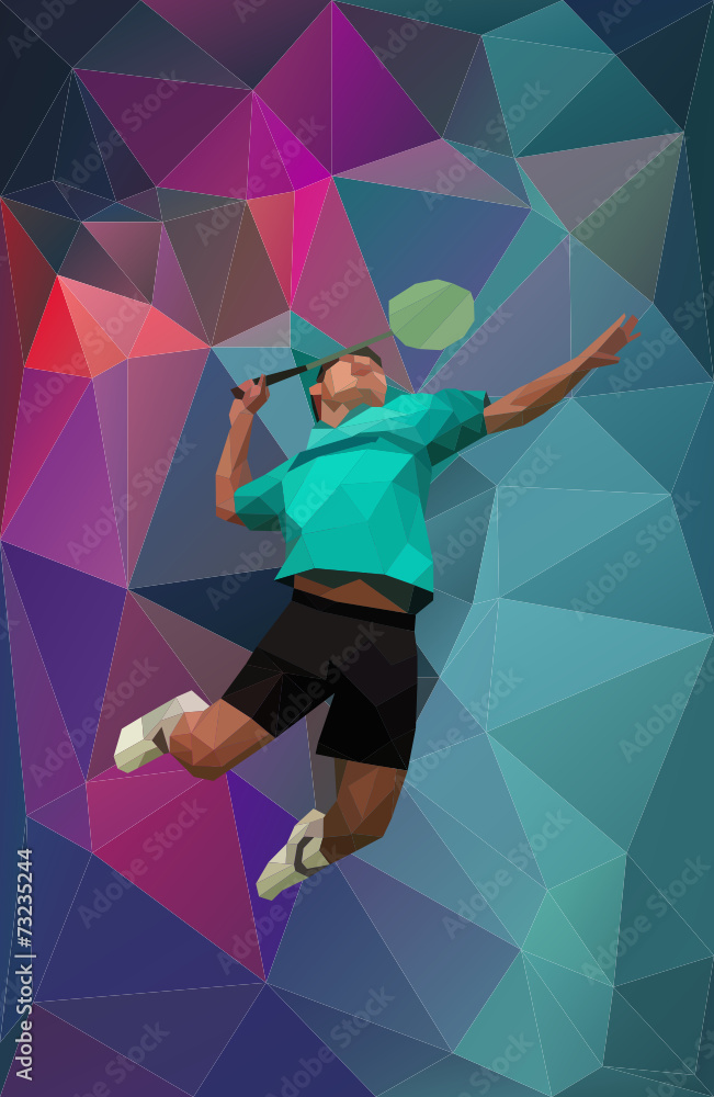 Vector badminton player on triangular background during smash Stock ...