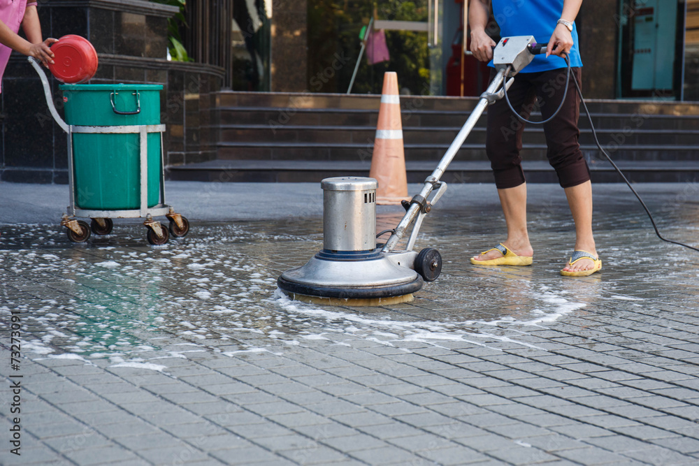 Adult cleaner maid woman with mop and uniform cleaning corridor Stock ...