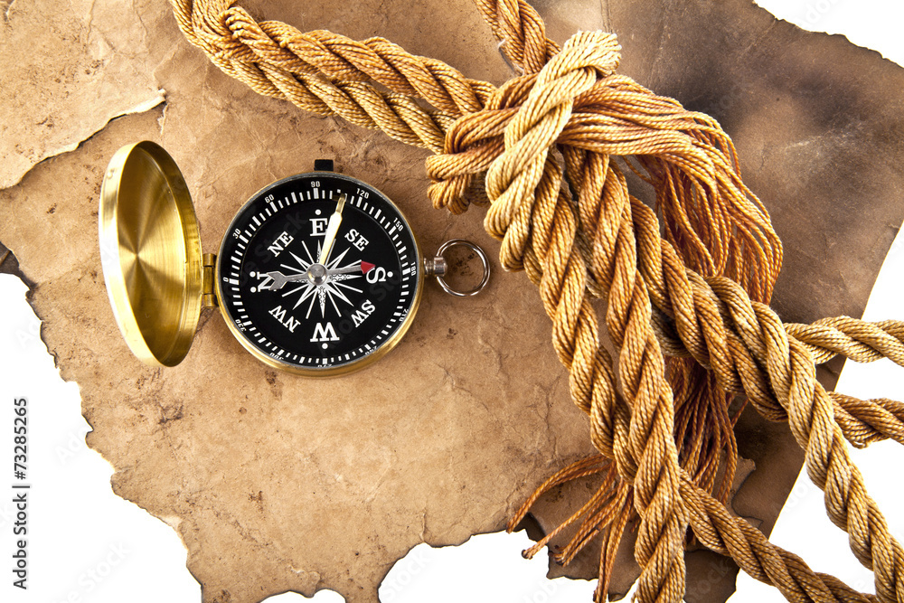 Old map, rope frame and compass Stock Photo | Adobe Stock
