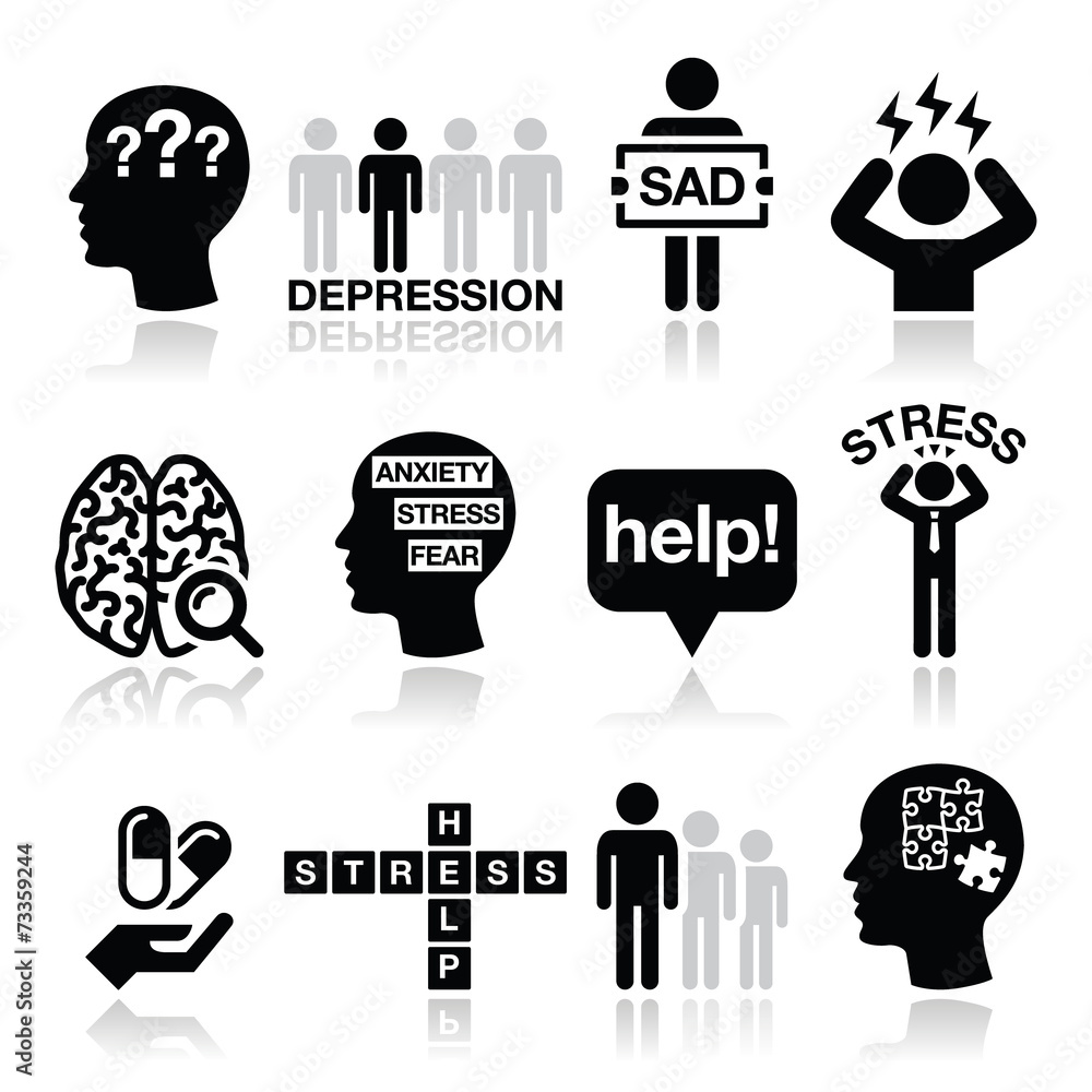 Depression, stress icons set - mental health concept Stock Vector ...