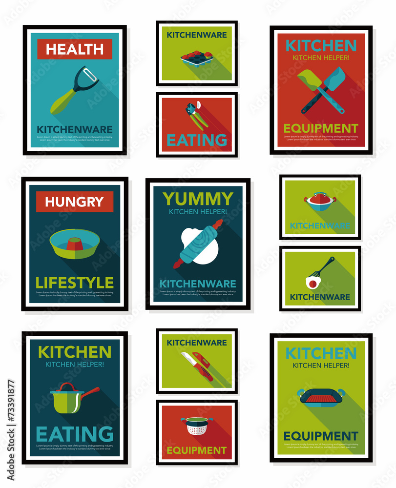 Kitchenware poster flat banner design flat background set, eps10 Stock ...
