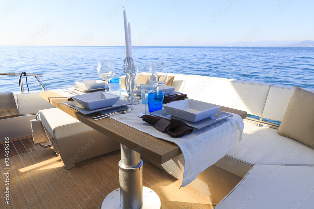 lunch on motor yacht, Table setting at a luxury yacht. Stock Photo ...