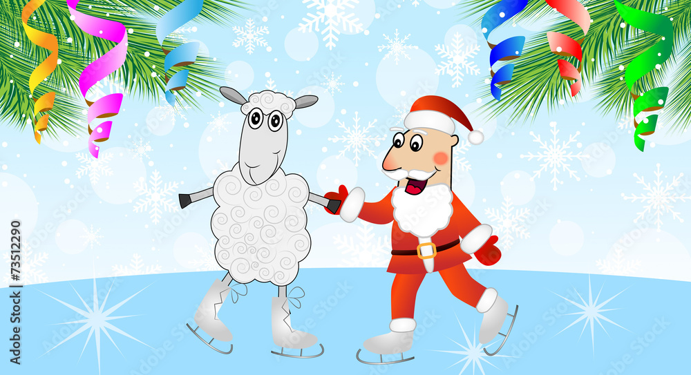 Santa claus with a sheep skates and branches of christmas tree Stock ...