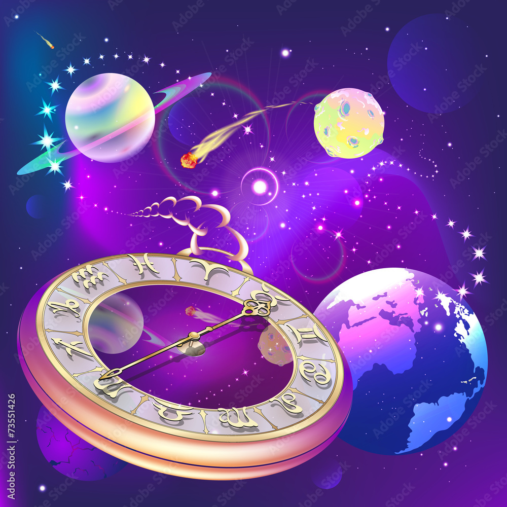 star background with clock and zodiac signs, vector illustration Stock ...