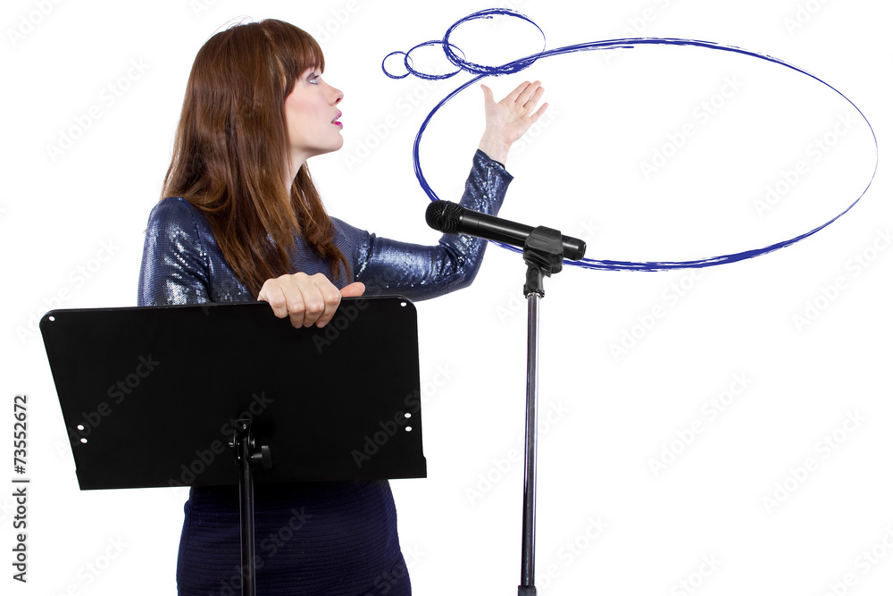 girl in shiny dress speaking on a microphone in a podium Stock Photo ...