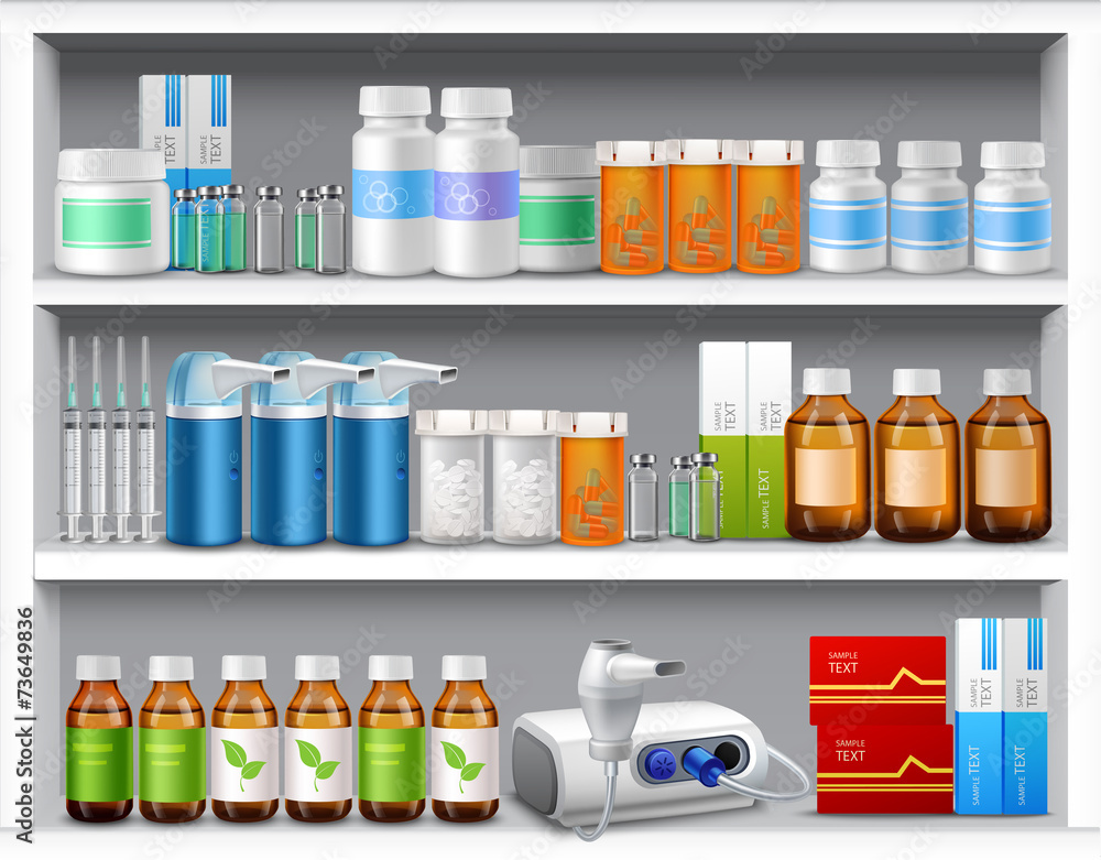 Pharmacy shelves realistic Stock Vector | Adobe Stock