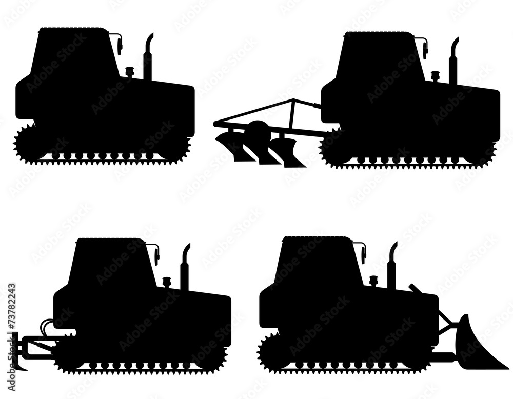set icons caterpillar tractors black silhouette vector illustrat Stock ...
