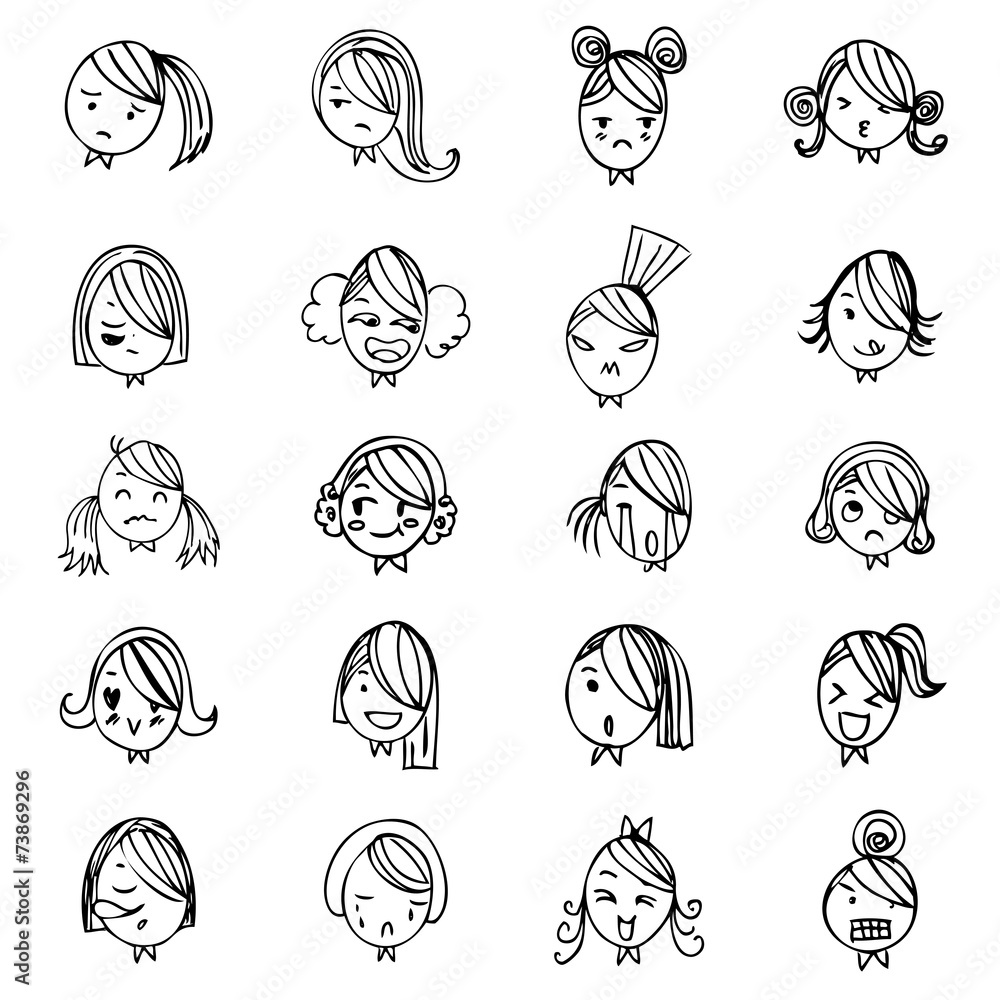 girl face hand drawing set on white background Stock Vector | Adobe Stock
