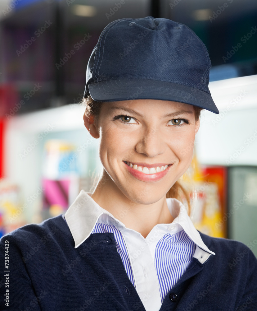 Confident Female Concession Worker At Cinema Stock Photo | Adobe Stock
