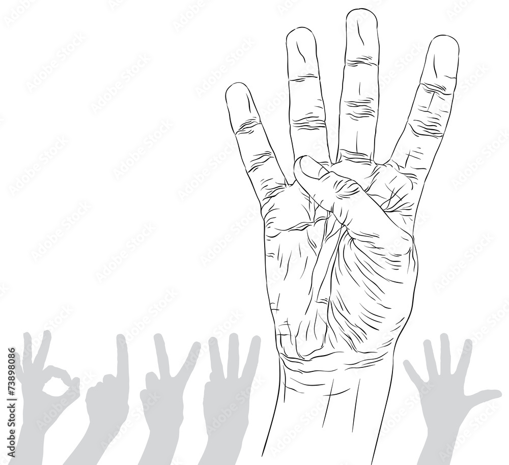 Numbers hand signs set, number four, detailed black and white li Stock ...