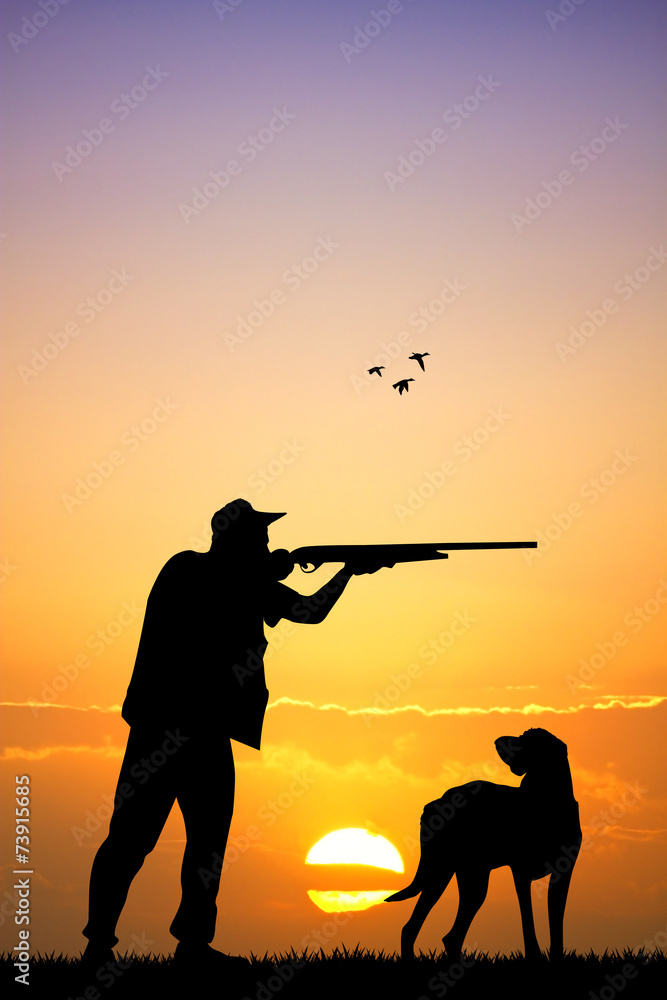 hunter with dog at sunset Stock Illustration | Adobe Stock