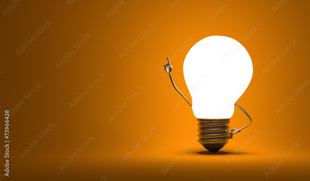 Light bulb character, aha moment, orange background Stock Illustration ...