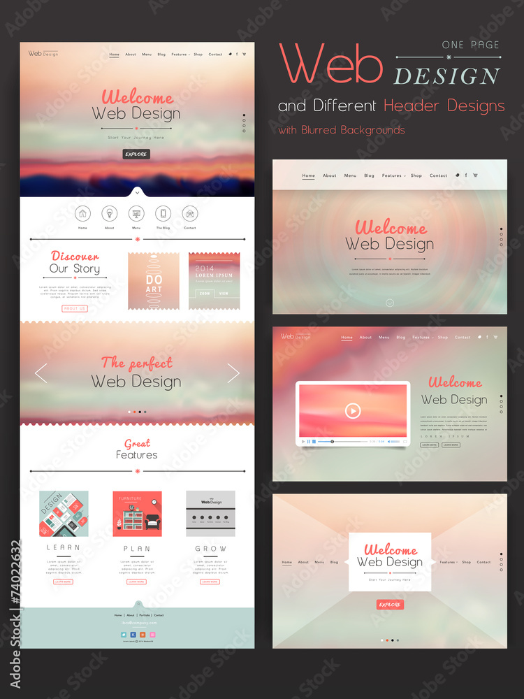 one page website template design with blurred background Stock Vector ...
