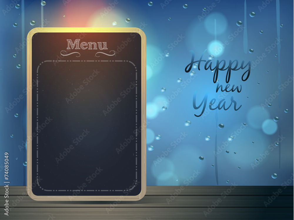 chalkboard menu on wood floor with raindrop window background Stock ...