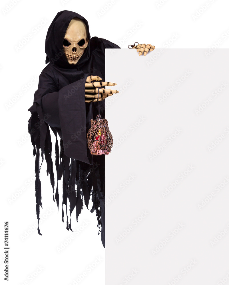 Grim Reaper pointing at a blank panel Stock Photo | Adobe Stock