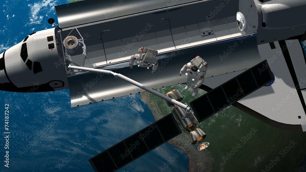 Space Shuttle Astronauts work at a satelite in earth orbit Stock Video ...