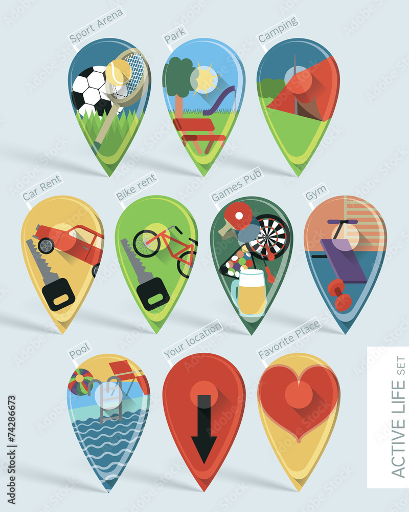 Active life map pins set Stock Vector | Adobe Stock