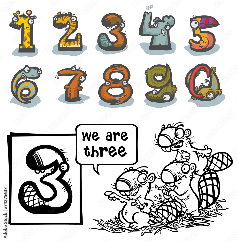 Cartoon Animal Numbers. With number Three for coloring. ilustração do ...
