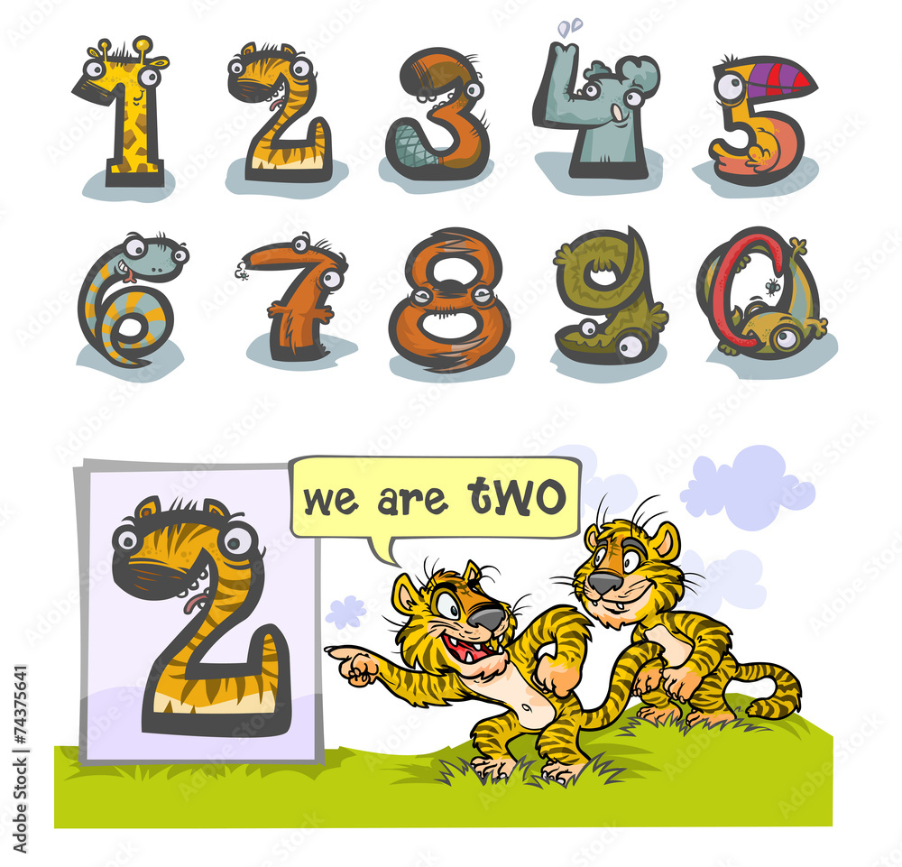 Cartoon Animal Numbers. with number Two as Tigers. Stock Illustration ...